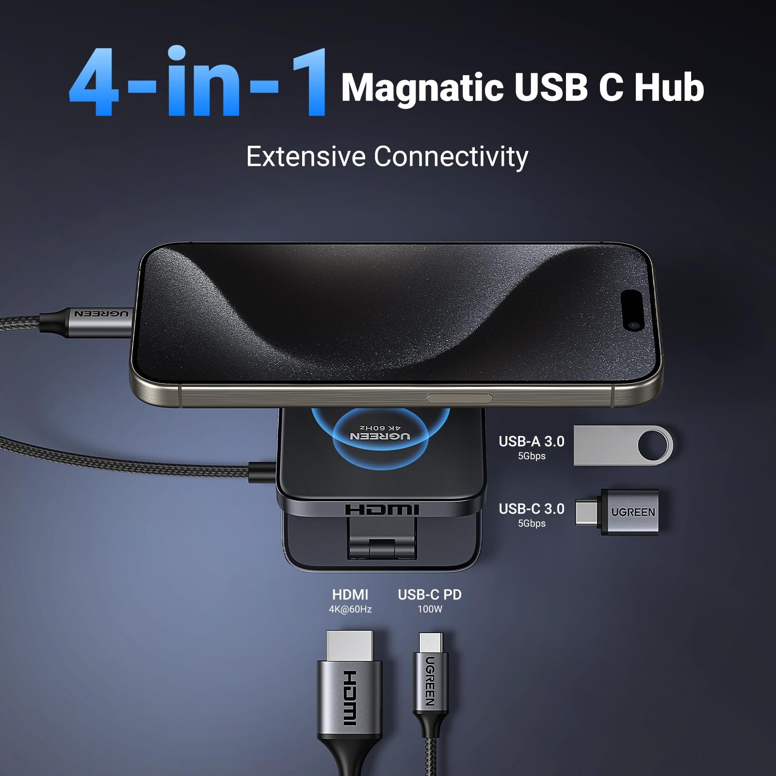 UGREEN Magnetic USB C Hub 4 in 1 HDMI 4K 60Hz 100W PD USB A C Data ...